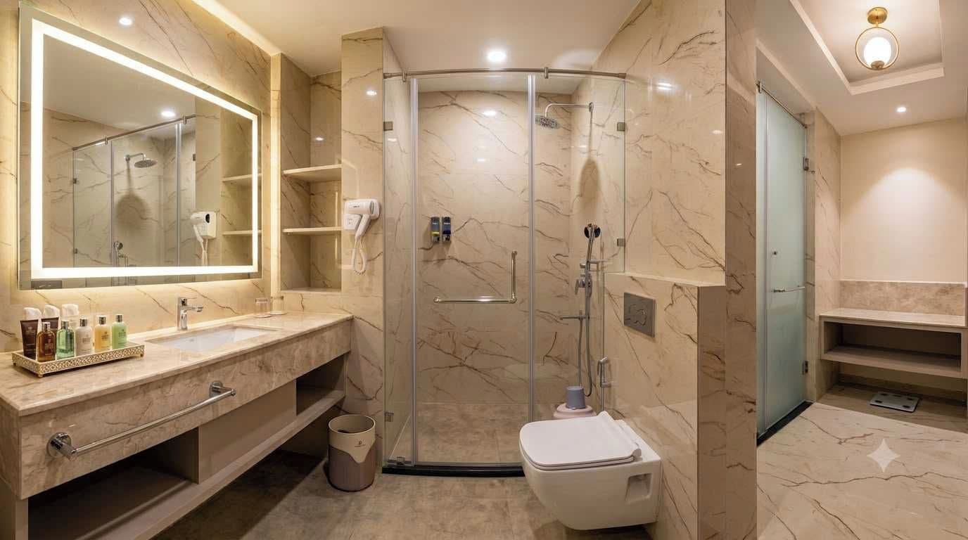 Casa de banho moderna com chuveiro de vidro, toucador com espelho grande e sanita.