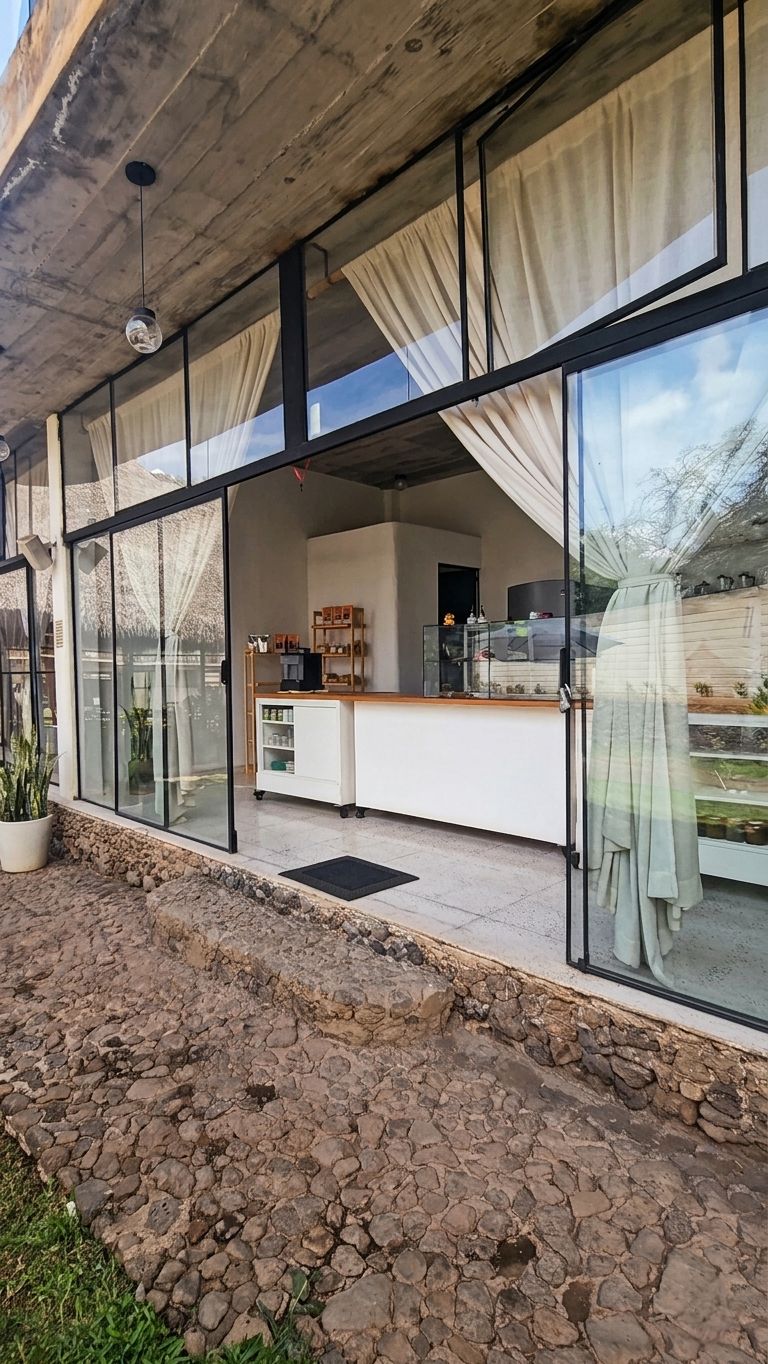 Cozinha moderna com janelas amplas, um pátio com piso de pedra e vista para a paisagem ao redor.