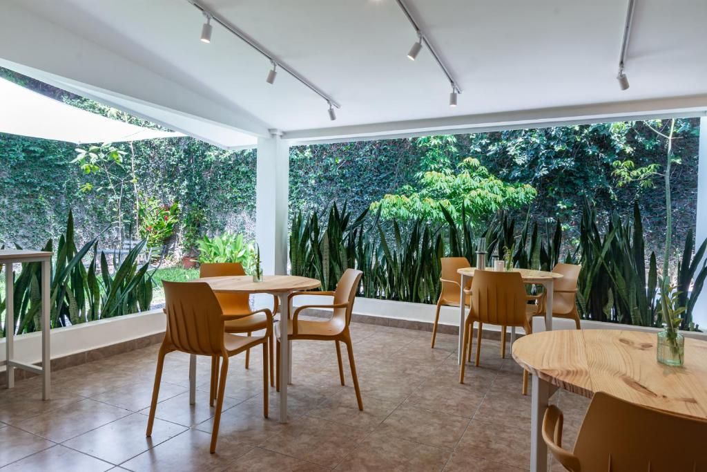 Um espaço de refeições interno com mesas e cadeiras, janelas amplas e vista para vegetação exuberante.