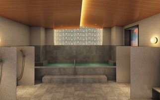 Um spa moderno com um banco de pedra, teto de madeira e parede estampada.