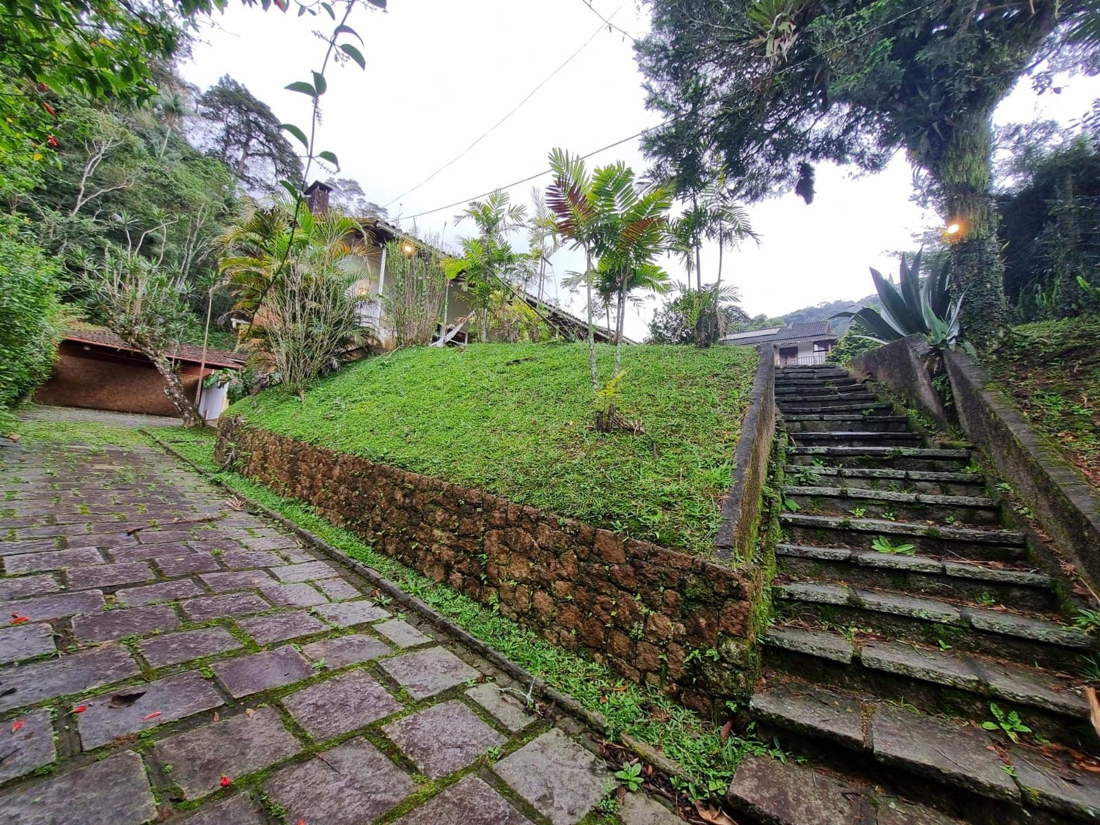 Uma trilha de pedra leva a uma escadaria cercada por vegetação exuberante e um pequeno edifício.