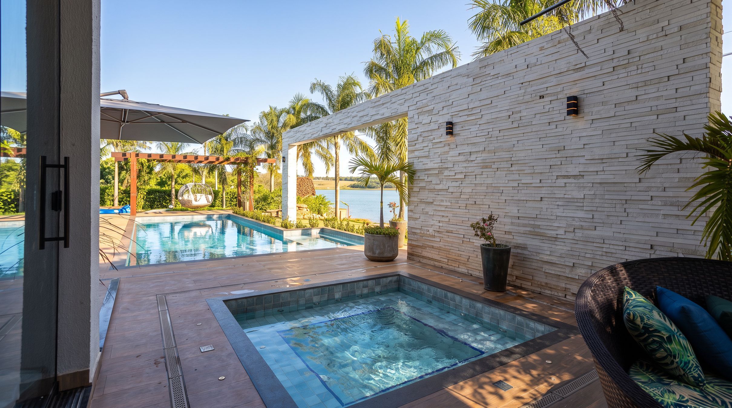 Área da piscina com hidromassagem, pérgula e vista para a água.
