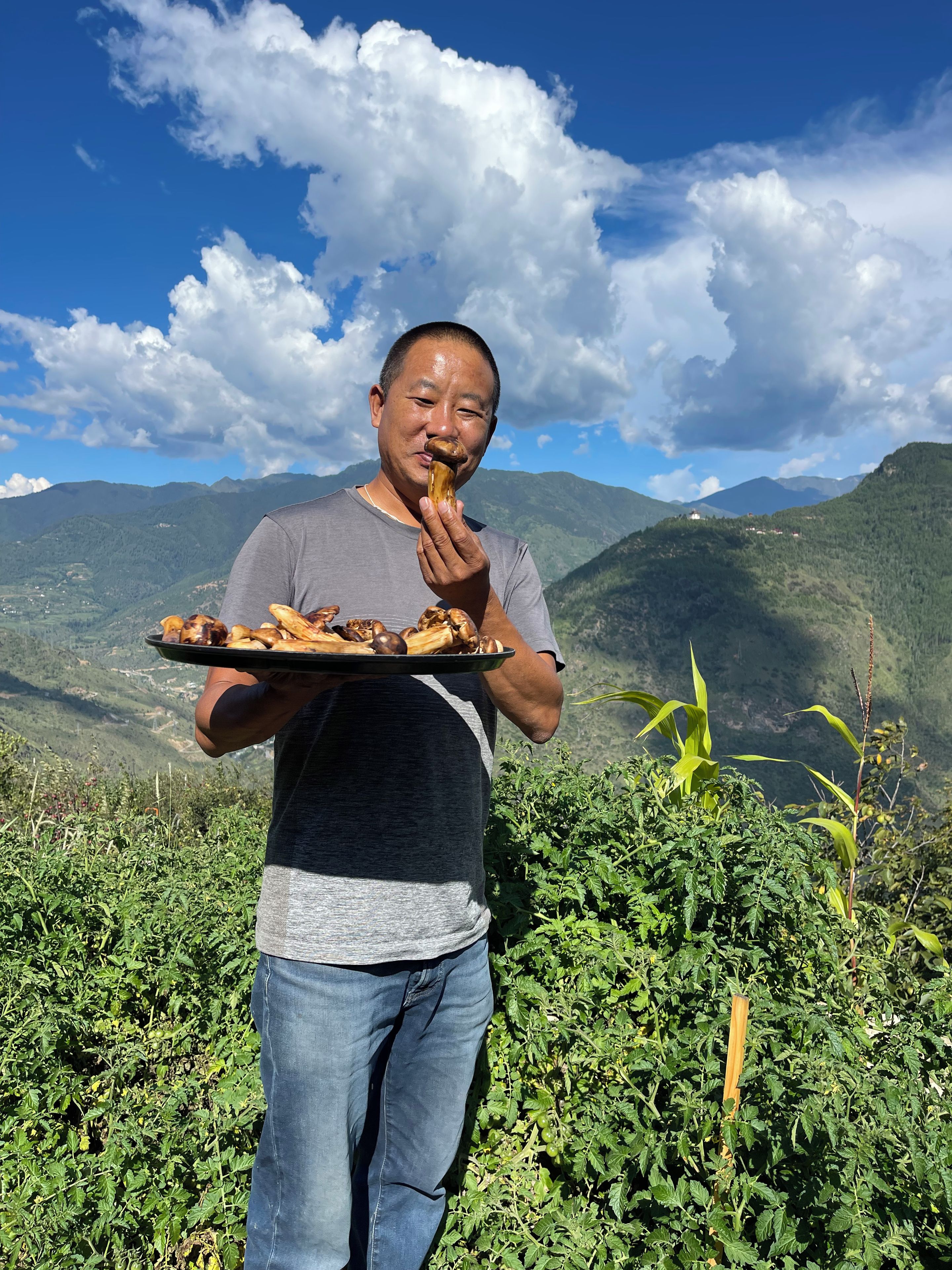 Uma pessoa segura um prato com comida, em um ambiente natural com montanhas ao fundo.