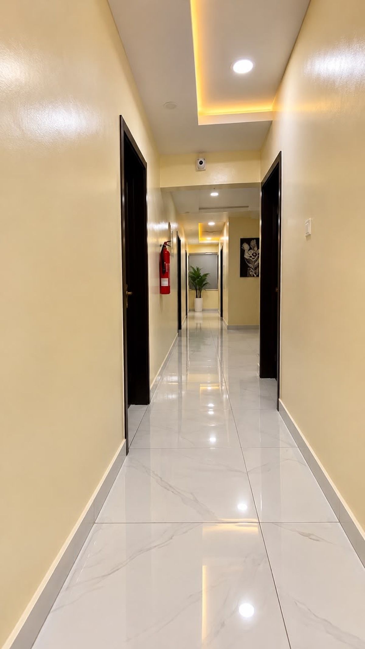 Corredor com portas em ambos os lados, um extintor de incêndio e um vaso com planta.
