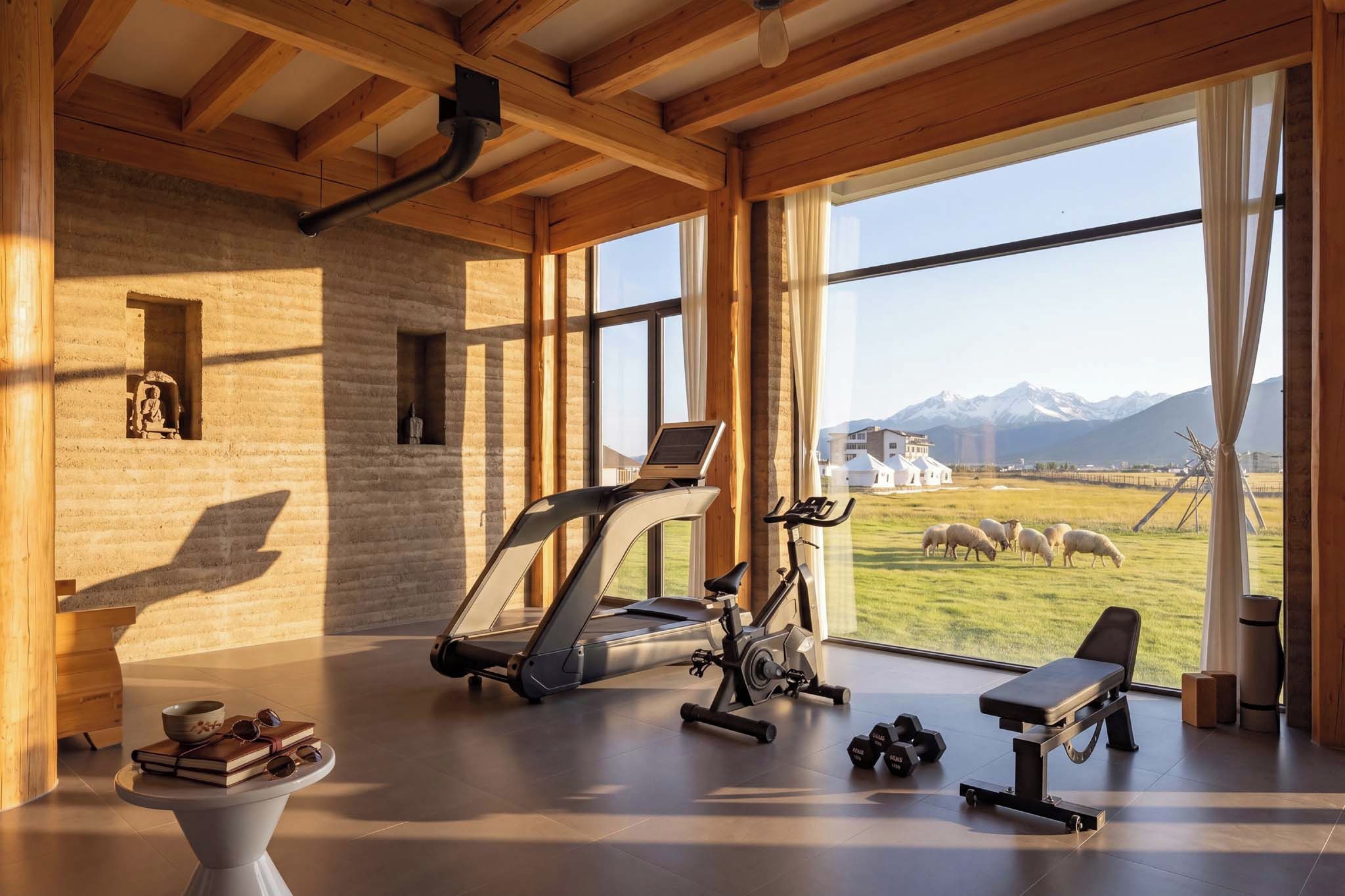 Um quarto espaçoso com uma janela grande, esteira ergométrica, bicicleta de exercício e um banco.