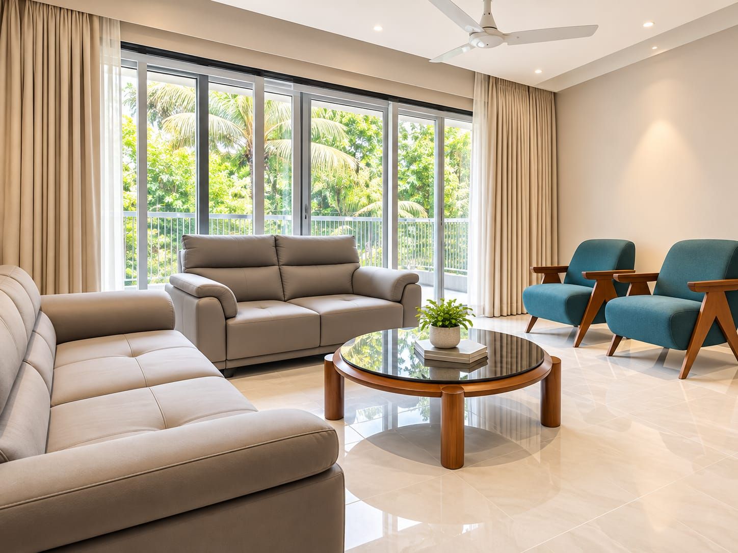 Uma sala de estar moderna com um sofá, duas poltronas, uma mesa de centro e um ventilador de teto.