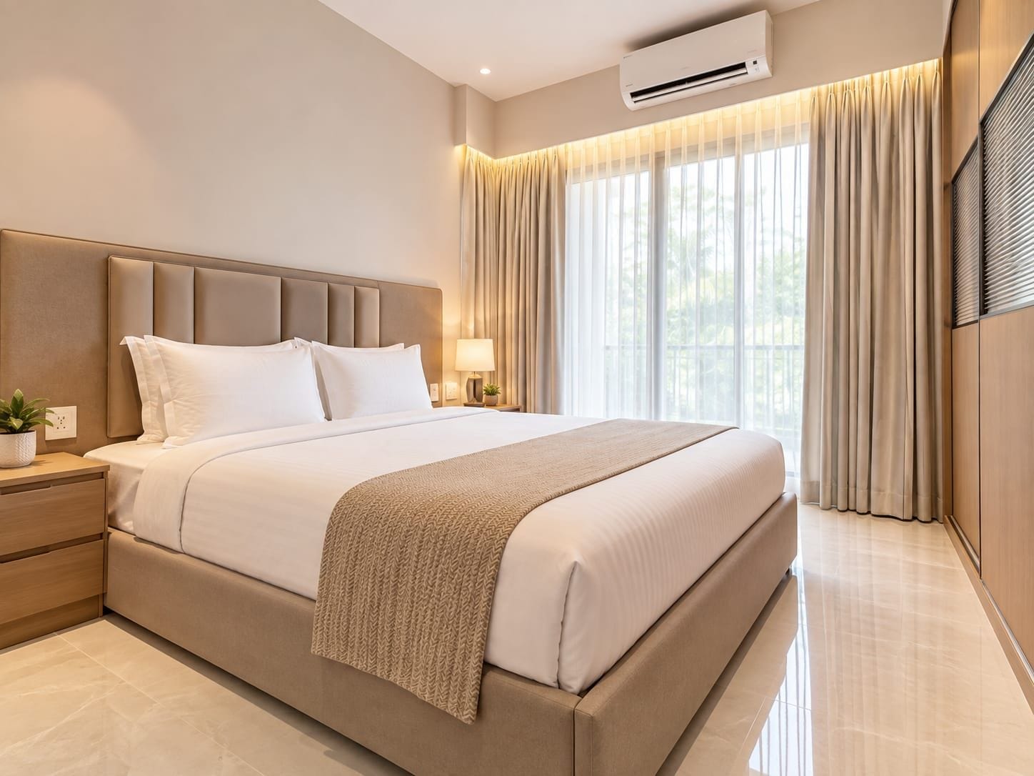 Quarto de hotel moderno com uma cama grande, mesa de cabeceira com abajur e vista para o exterior pela janela.