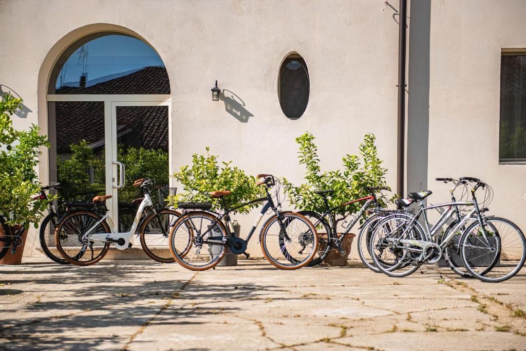 Bicicletas estacionadas em frente a um edifício com uma grande entrada em arco e uma pequena janela.