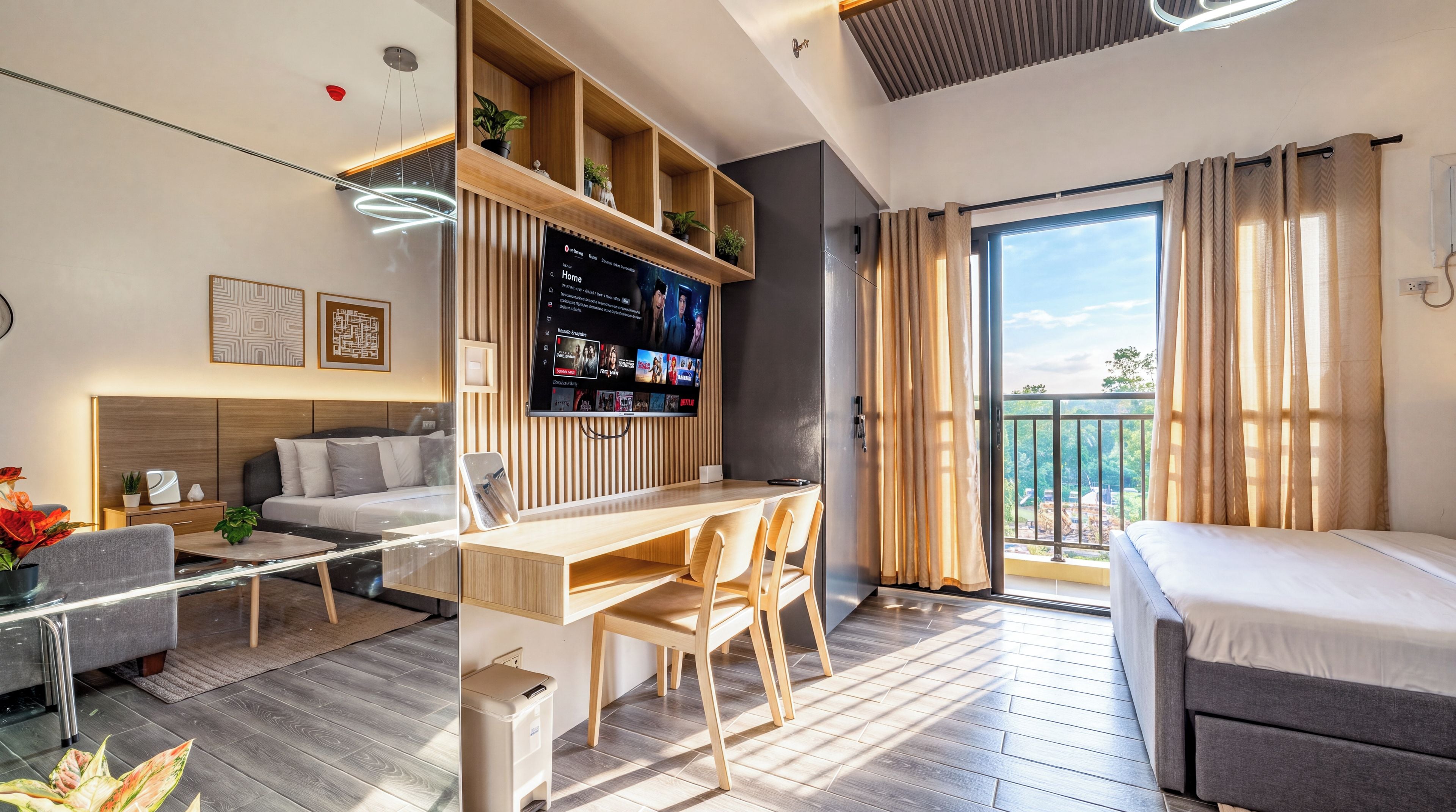 Quarto de hotel moderno com cama, escrivaninha com cadeiras, TV fixada na parede e varanda com cortinas.