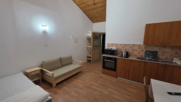 Um espaço de estar compacto com cozinha compacta, um sofá, uma mesa de jantar e teto de madeira.