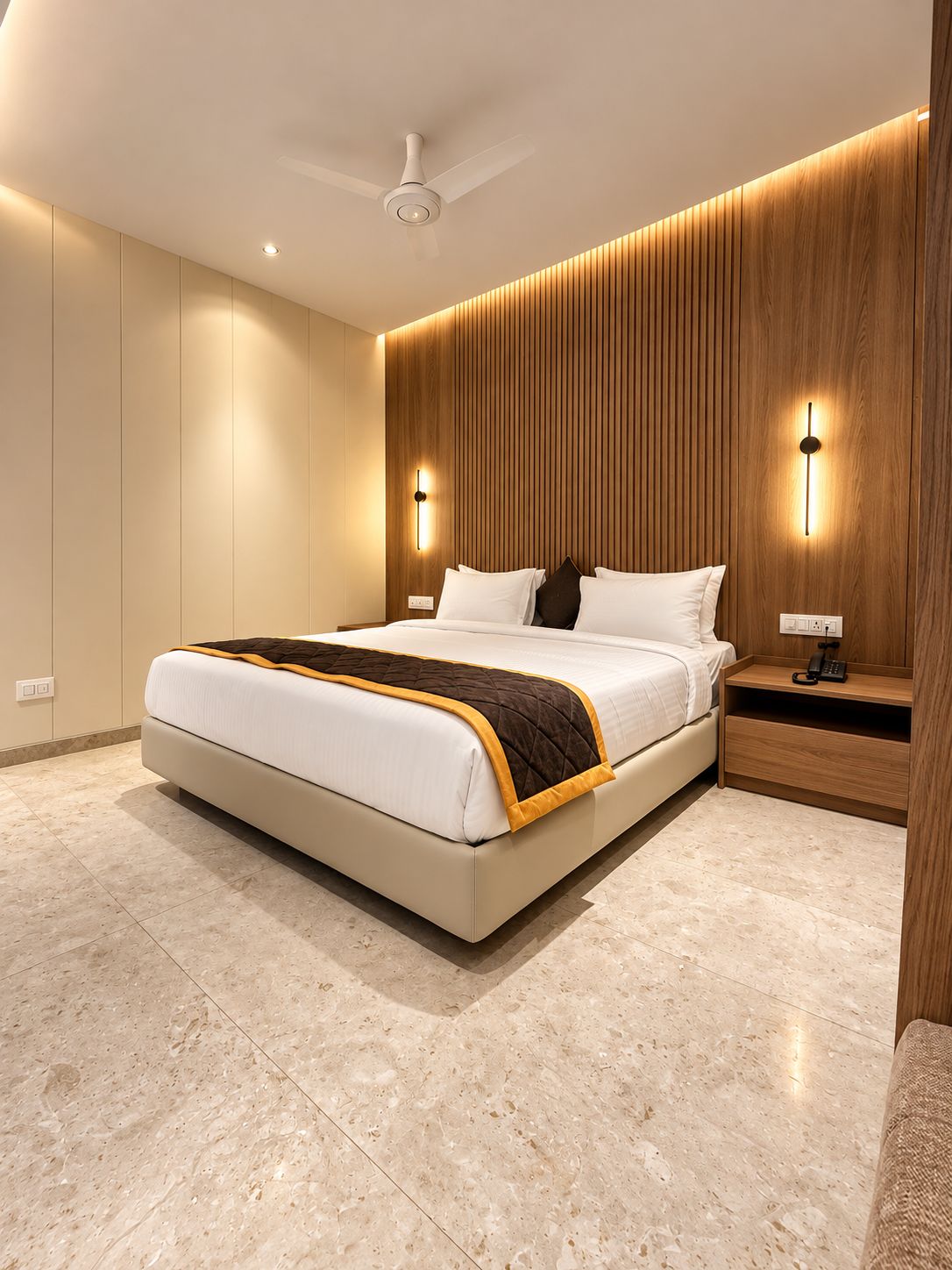 Quarto moderno com uma cama grande, um ventilador de teto e painéis de madeira na parede.