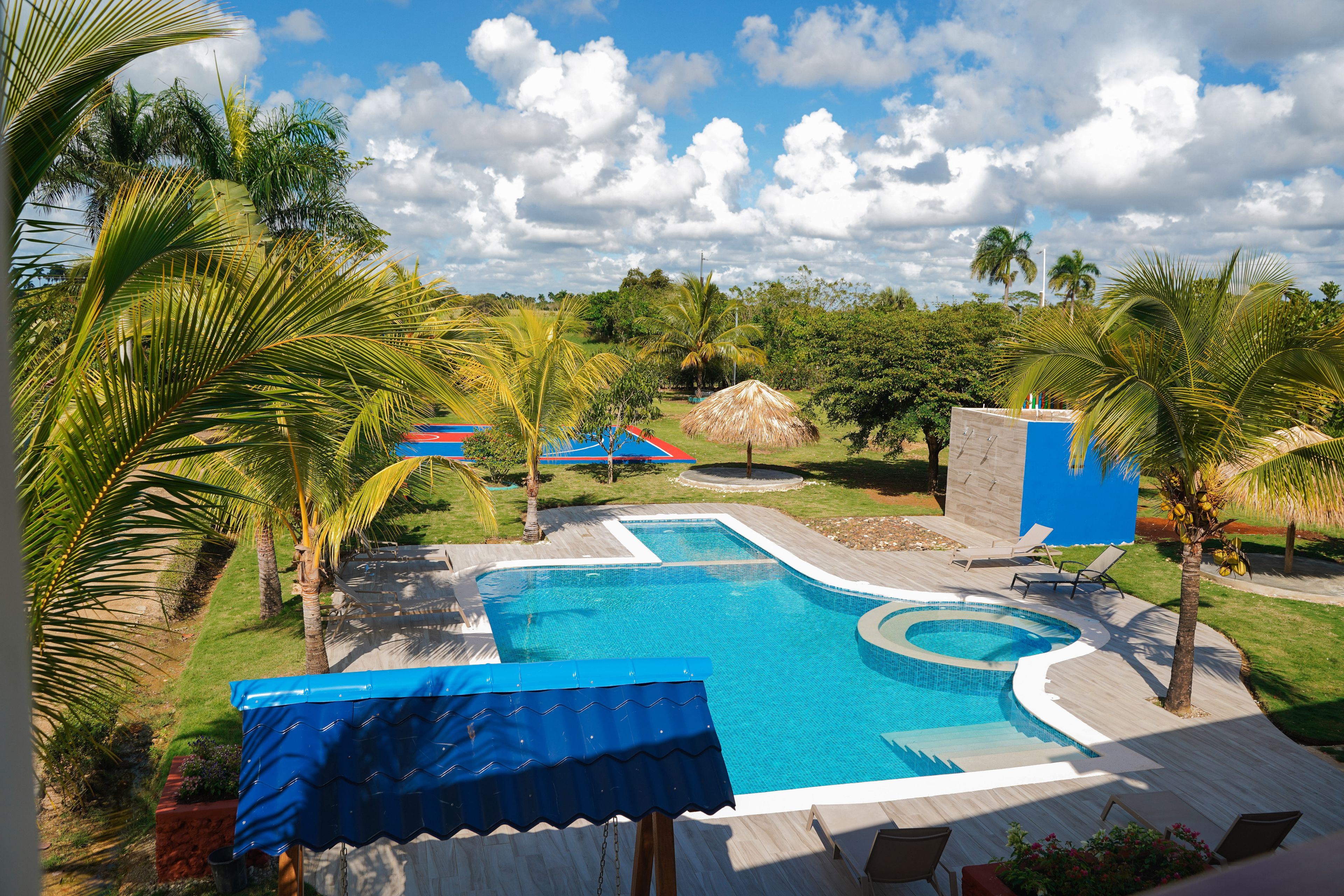 Piscina cercada por um deck, palmeiras e céu azul.