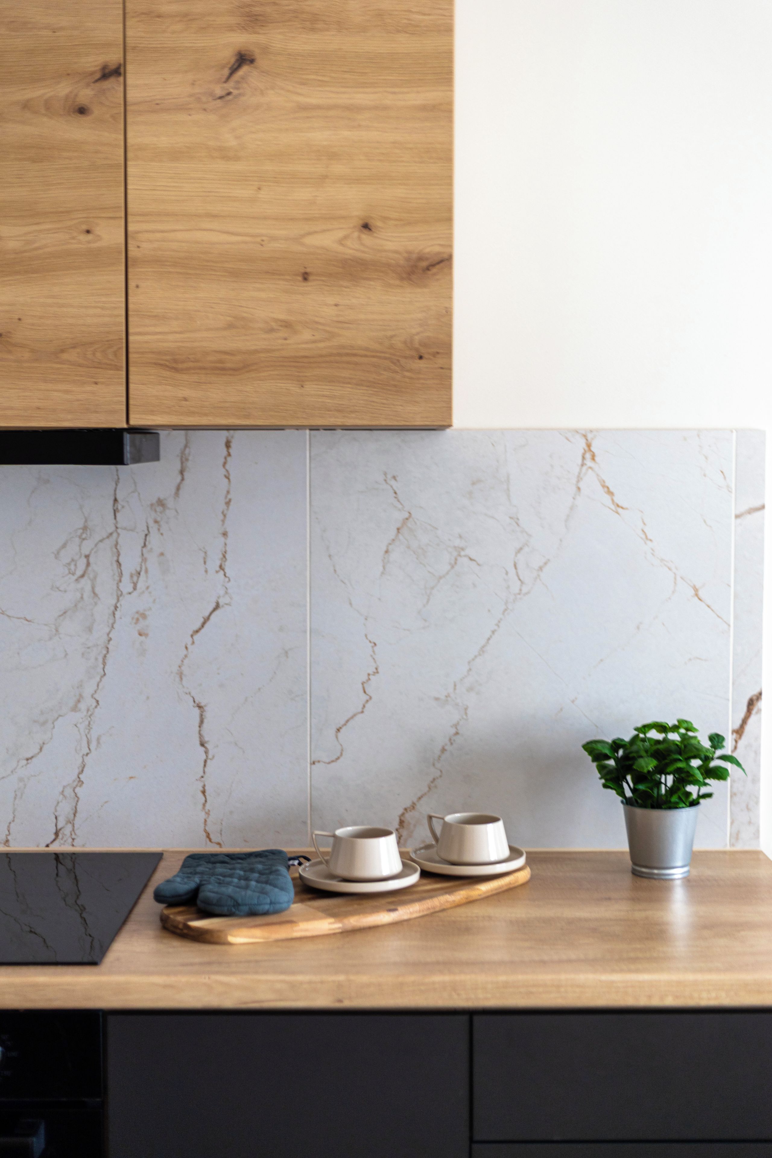 Cozinha com armários de madeira, painel de backsplash de mármore, bancada de madeira e uma planta em vaso.