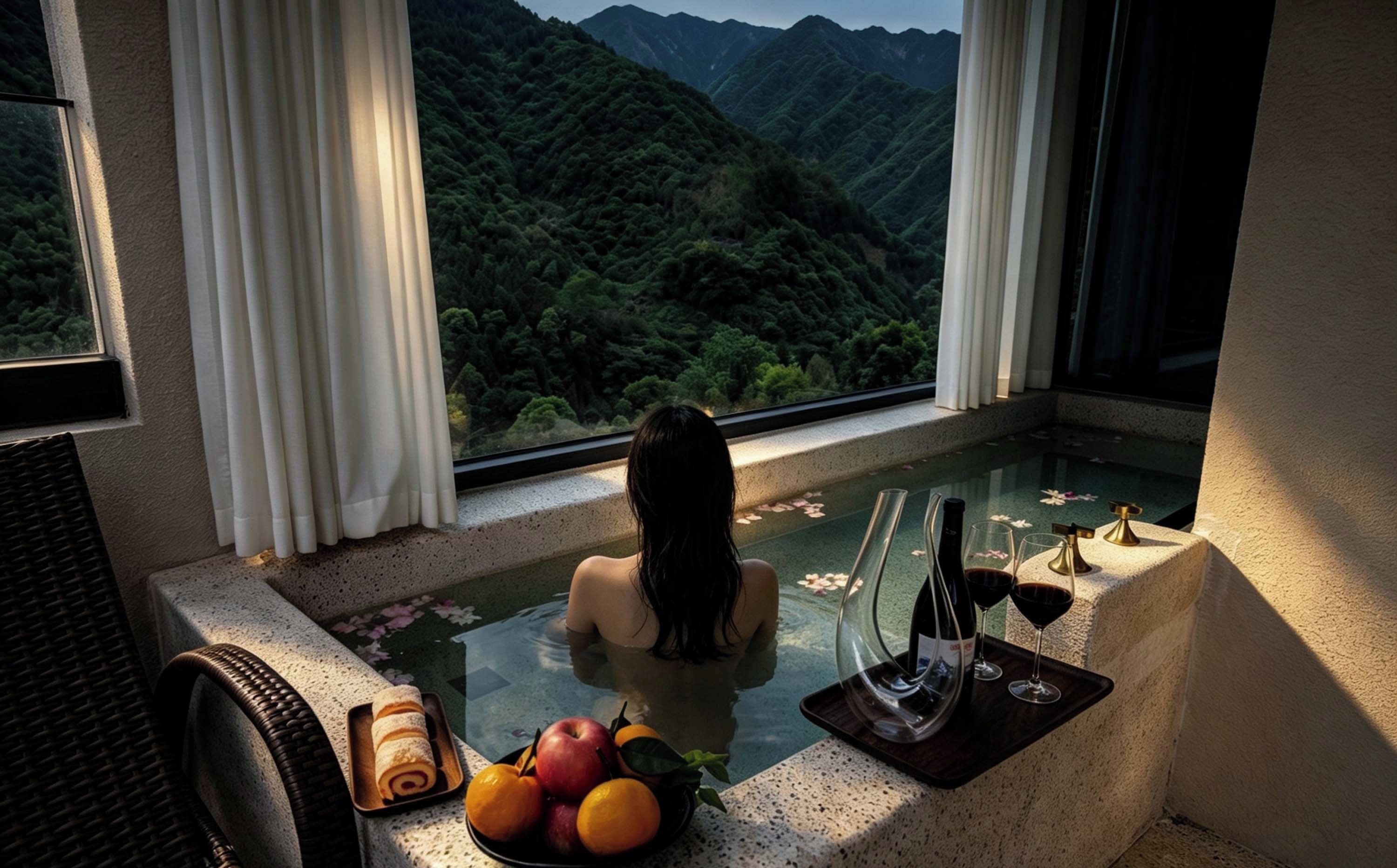 Pessoa em banheira com vista para montanhas, bandeja com frutas e copos de vinho.