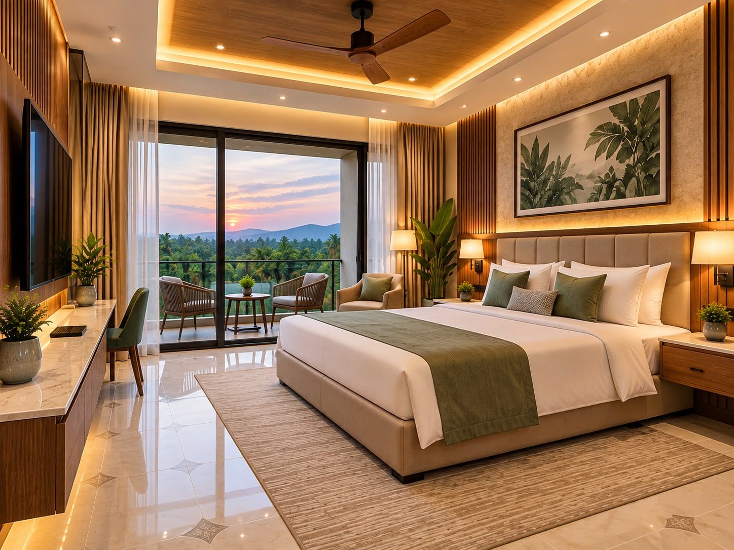 Quarto moderno com uma cama grande, uma escrivaninha e uma varanda com vista.