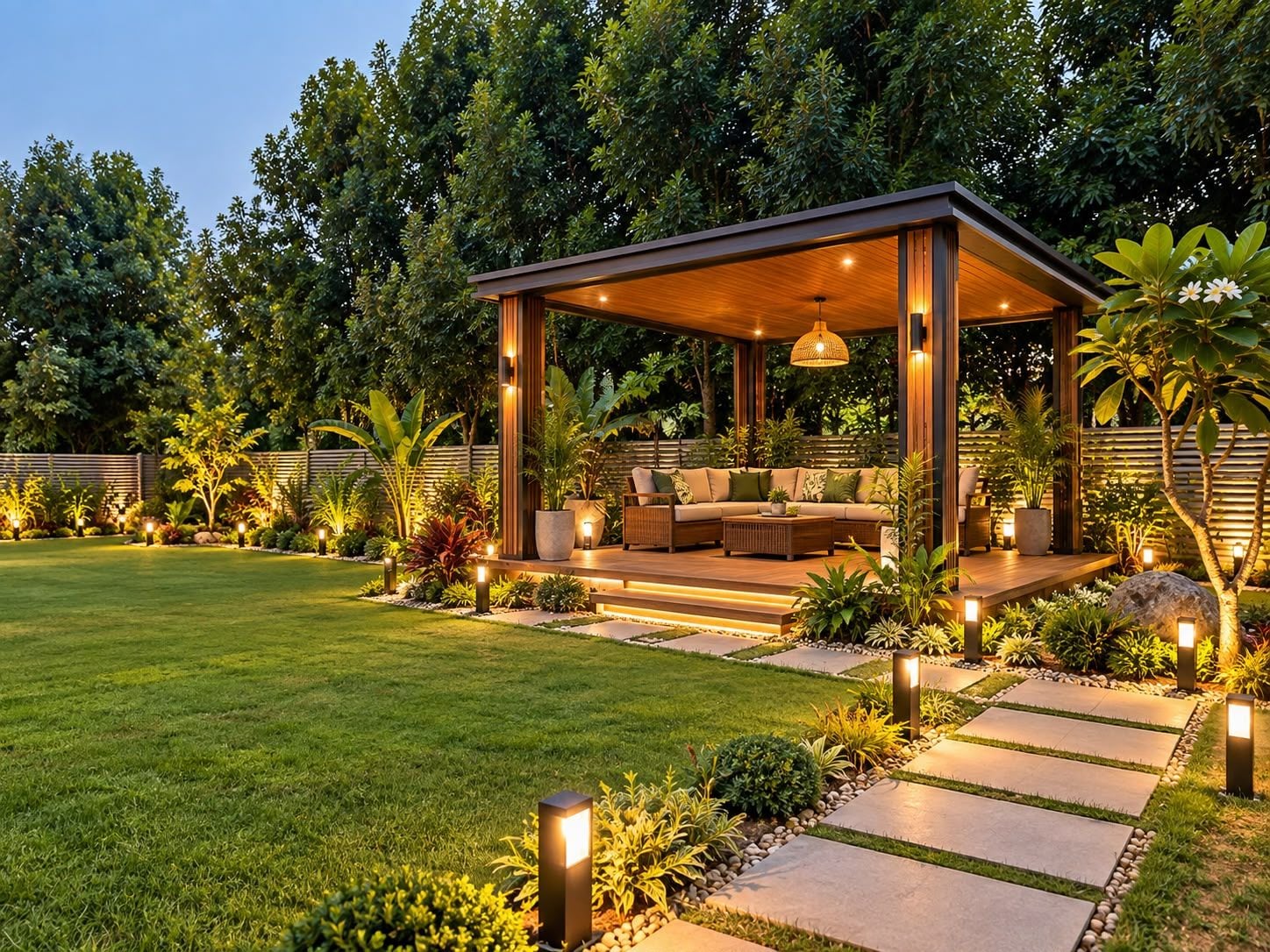 Área de estar coberta ao ar livre com sofá e mesa, cercada por um jardim com diversas plantas e um cercado de madeira.