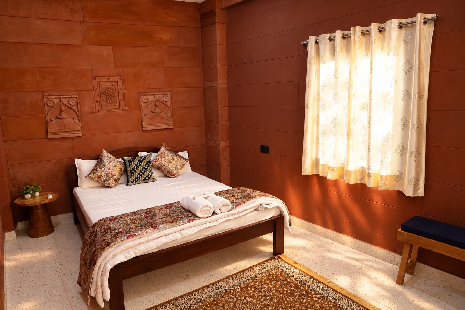 Quarto com cama, almofadas, mesa de cabeceira com plantas, um banco e um tapete estampado.