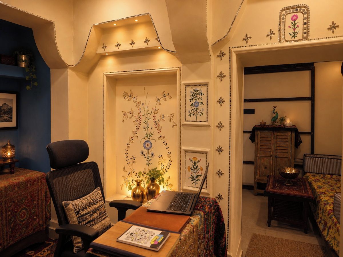 Um quarto aconchegante com um laptop sobre a mesa, uma cadeira, uma cama e detalhes decorativos nas paredes.