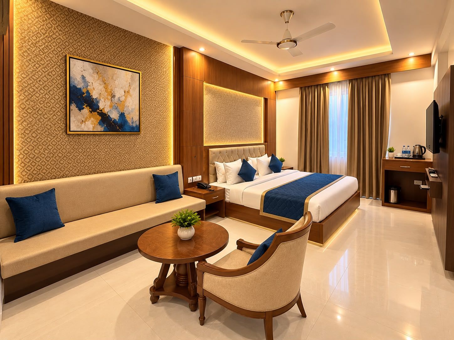 Quarto de hotel moderno com sofá, cama com colcha azul, mesa redonda de madeira com um vaso e uma cadeira.