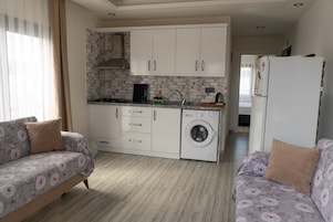 Um espaço compacto com cozinha compacta, máquina de lavar e dois sofás com estofamento floral.