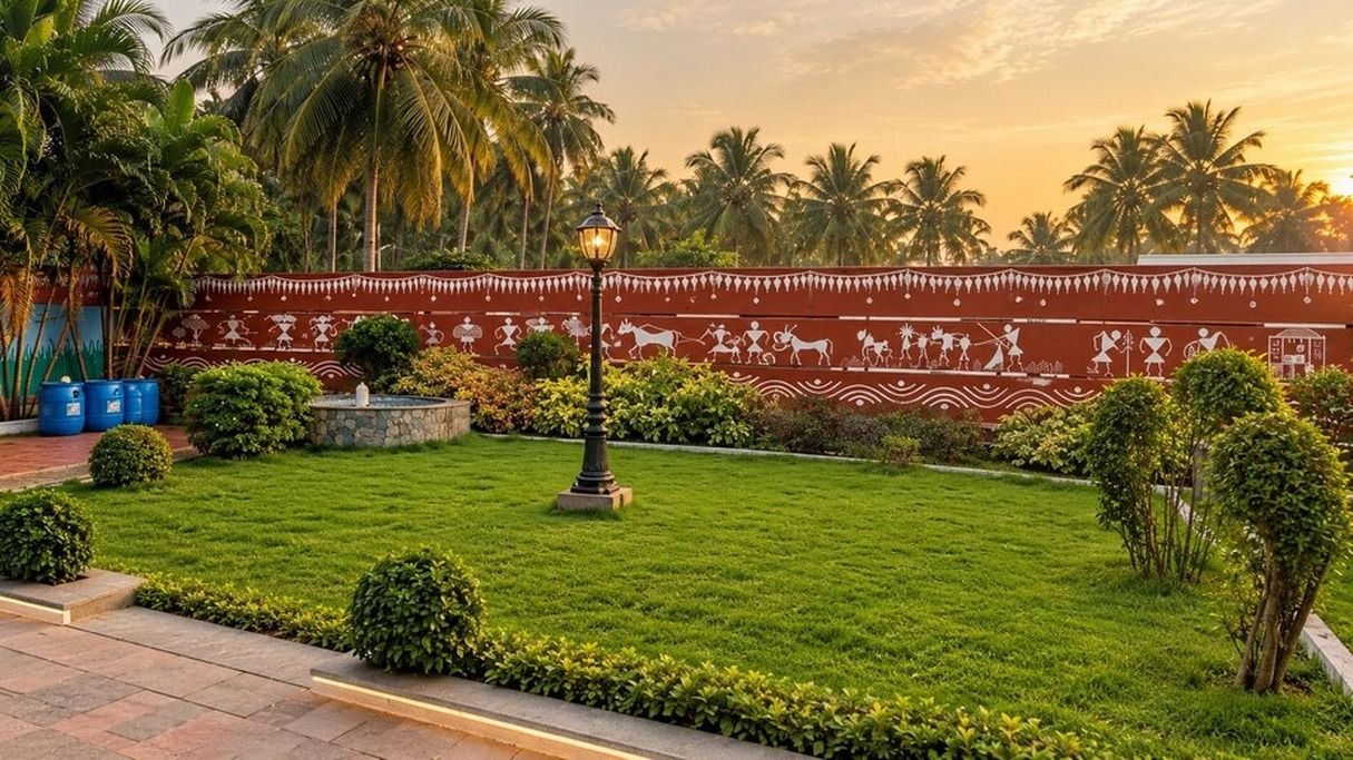 Um jardim bem cuidado com um muro decorativo, palmeiras e um caminho.