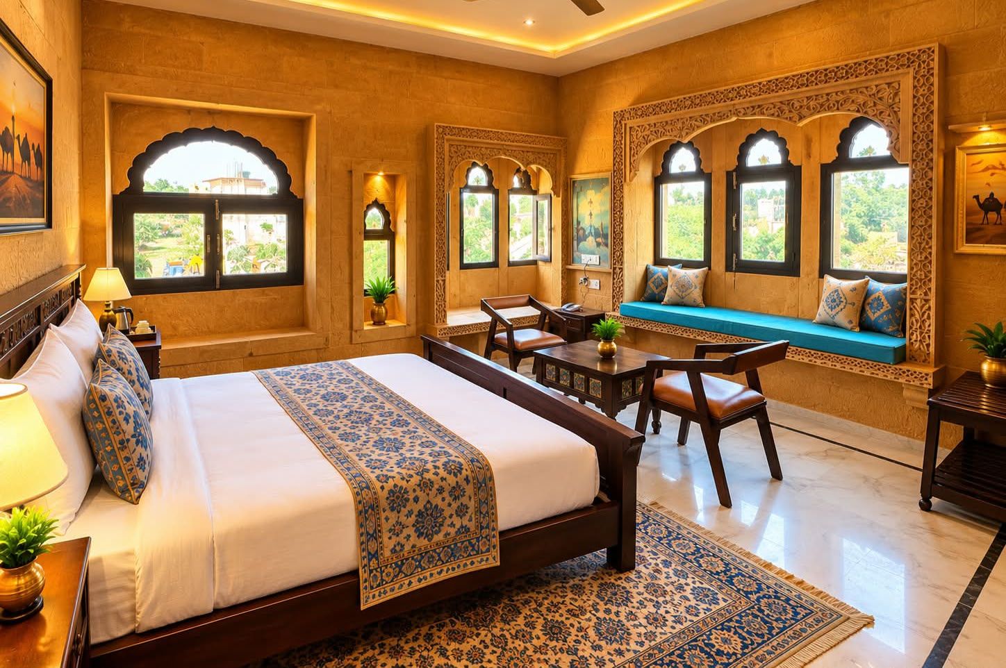 Quarto com uma cama grande, área de estar com sofá e poltronas, uma mesinha e elementos decorativos.