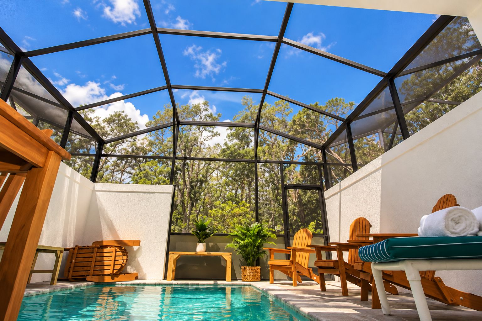 Área de piscina envidraçada com mobiliário de madeira e vista para árvores.