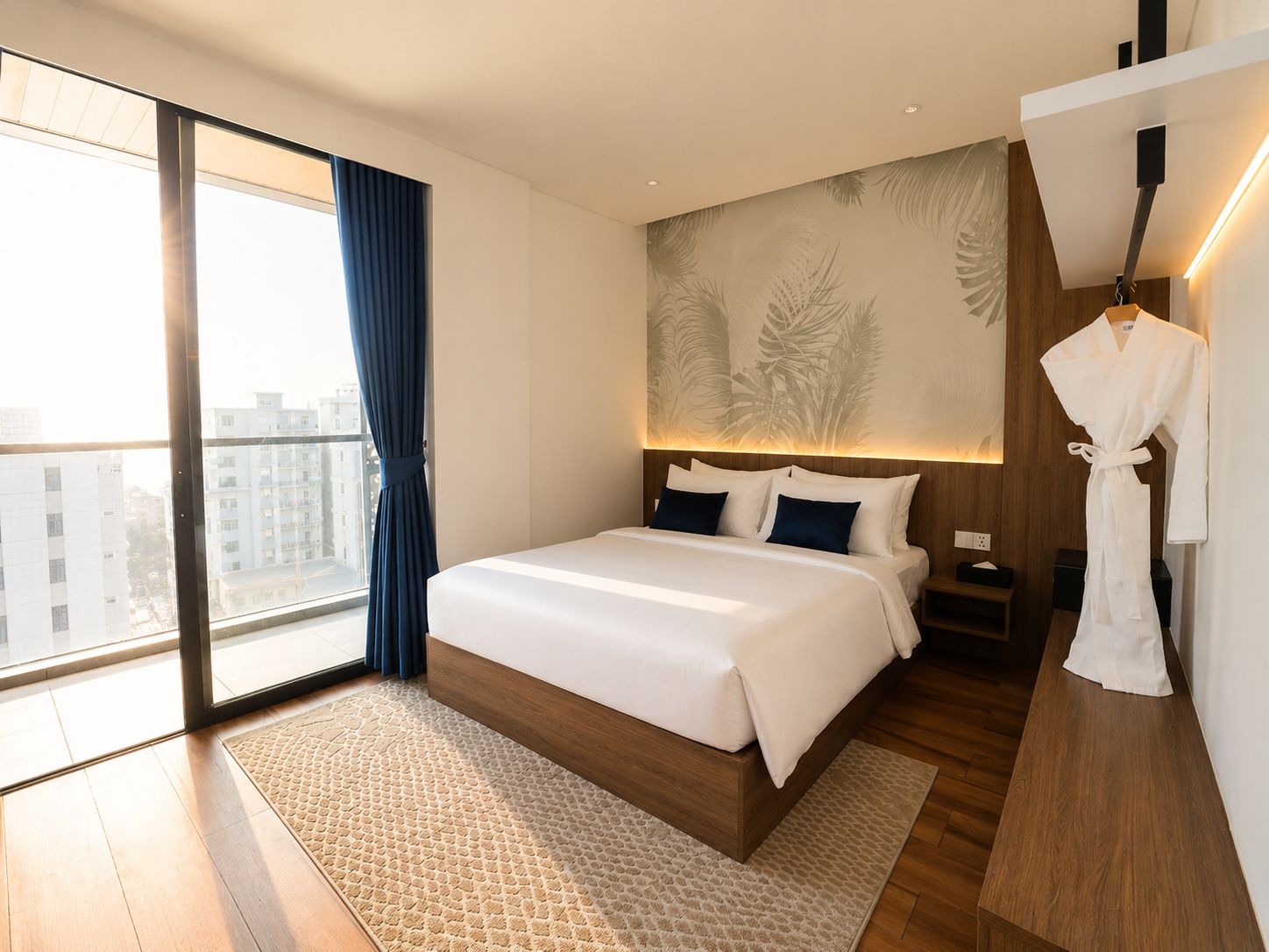 Quarto de hotel moderno com uma cama grande, vista para a cidade e um roupão pendurado na parede.