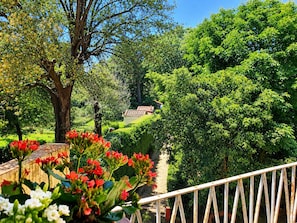 Um jardim exuberante com diversas árvores e arbustos, um caminho que leva a um edifício com telhado de ladrilho vermelho, e um corrimão de metal em primeiro plano.