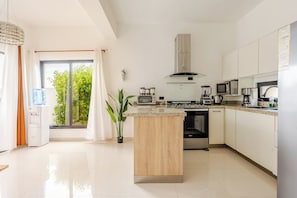 Cozinha moderna com ilha central, eletrodomésticos embutidos e vista para o exterior.