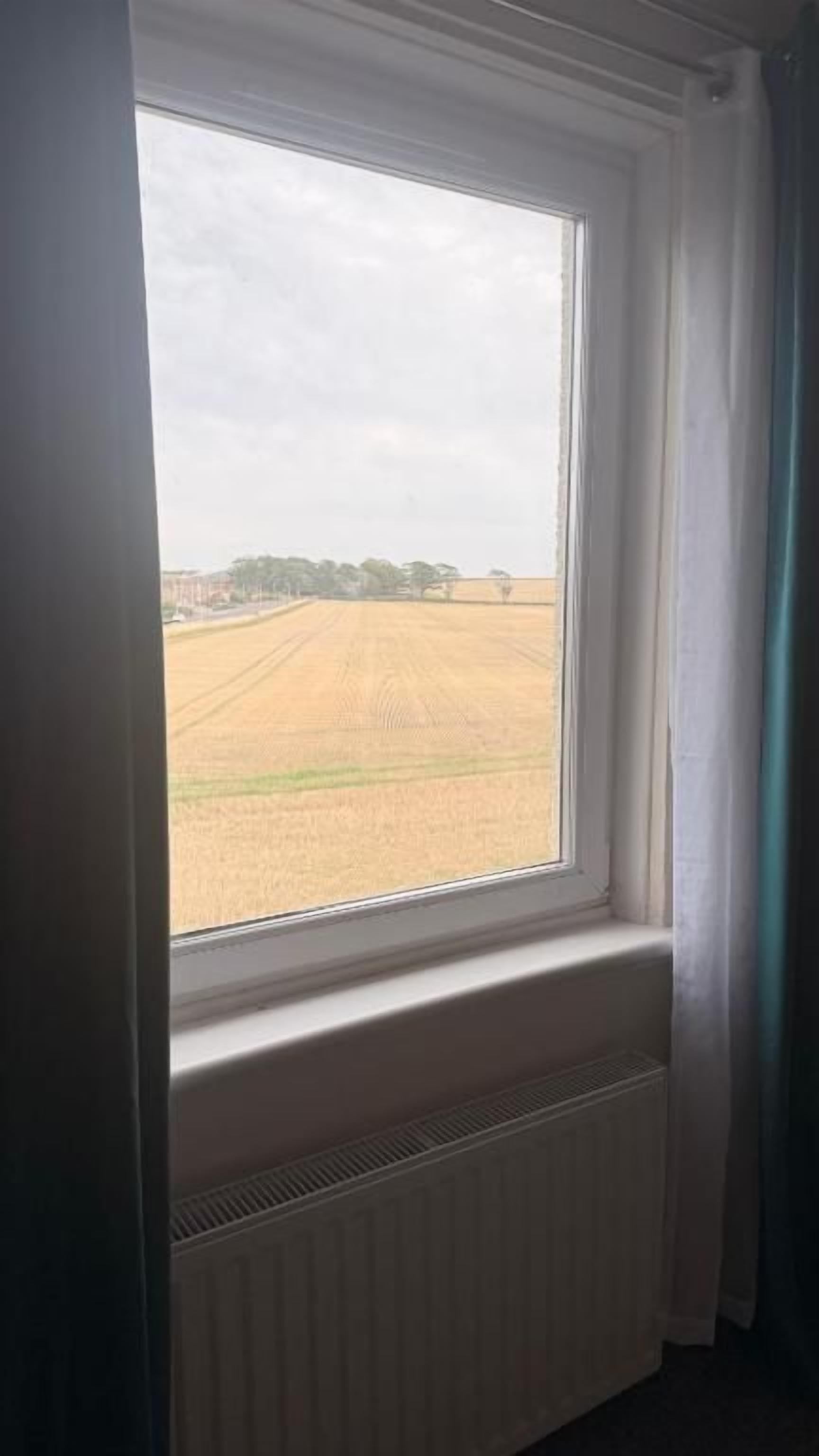 Janela com vista para um campo, radiador abaixo e cortina à direita.