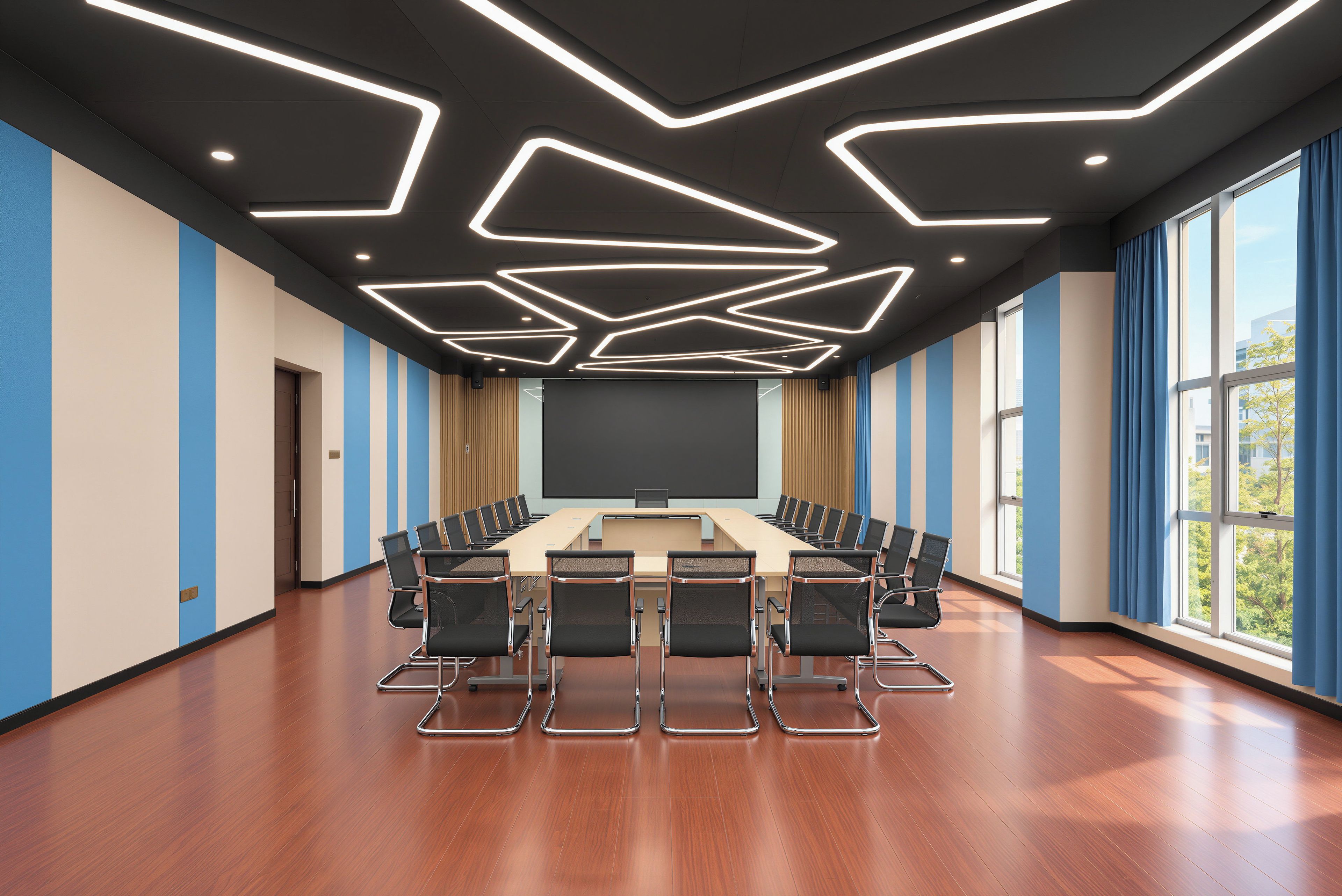 Sala de conferência com uma mesa comprida, cadeiras, tela de projetor e design moderno no teto.