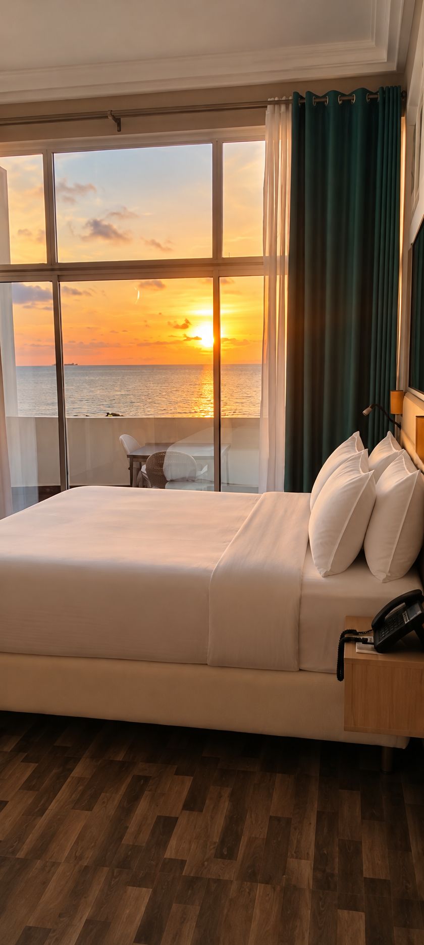 Quarto de hotel com cama, telefone de mesa e vista do pôr do sol sobre o mar.