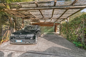Carro preto estacionado sob uma pérgola de madeira, com um portão verde ao fundo.