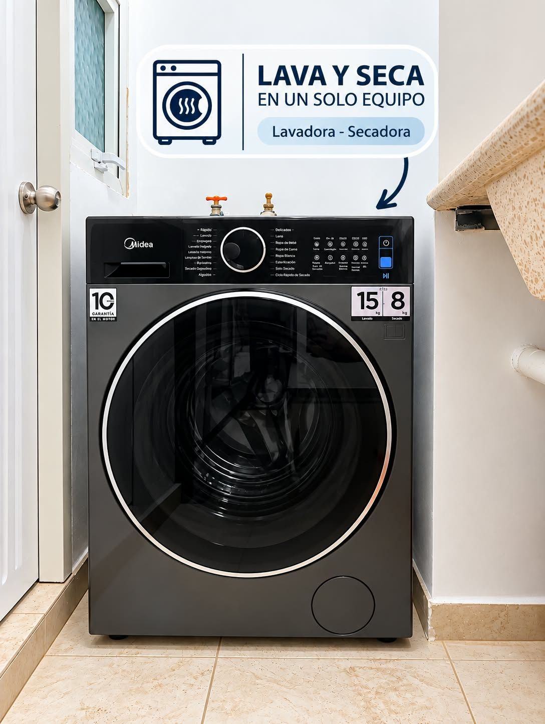 Máquina de lavar Midea com garantia de 10 anos no motor, visor digital e capacidade de 15 kg.