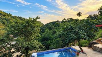 Piscina com deck revestido, rodeada por vasos de plantas e mesa e cadeiras para refeições ao ar livre.