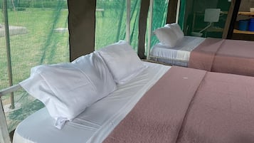 Duas camas com lençóis brancos e um cobertor rosa, uma janela com tela de proteção verde e uma pequena mesa com abajur.