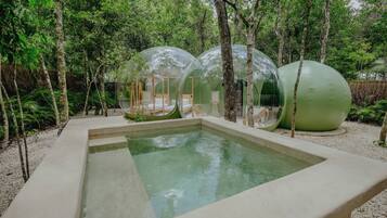 Estrutura esférica transparente com uma cama e uma cadeira no interior, rodeada por árvores e uma pequena piscina.