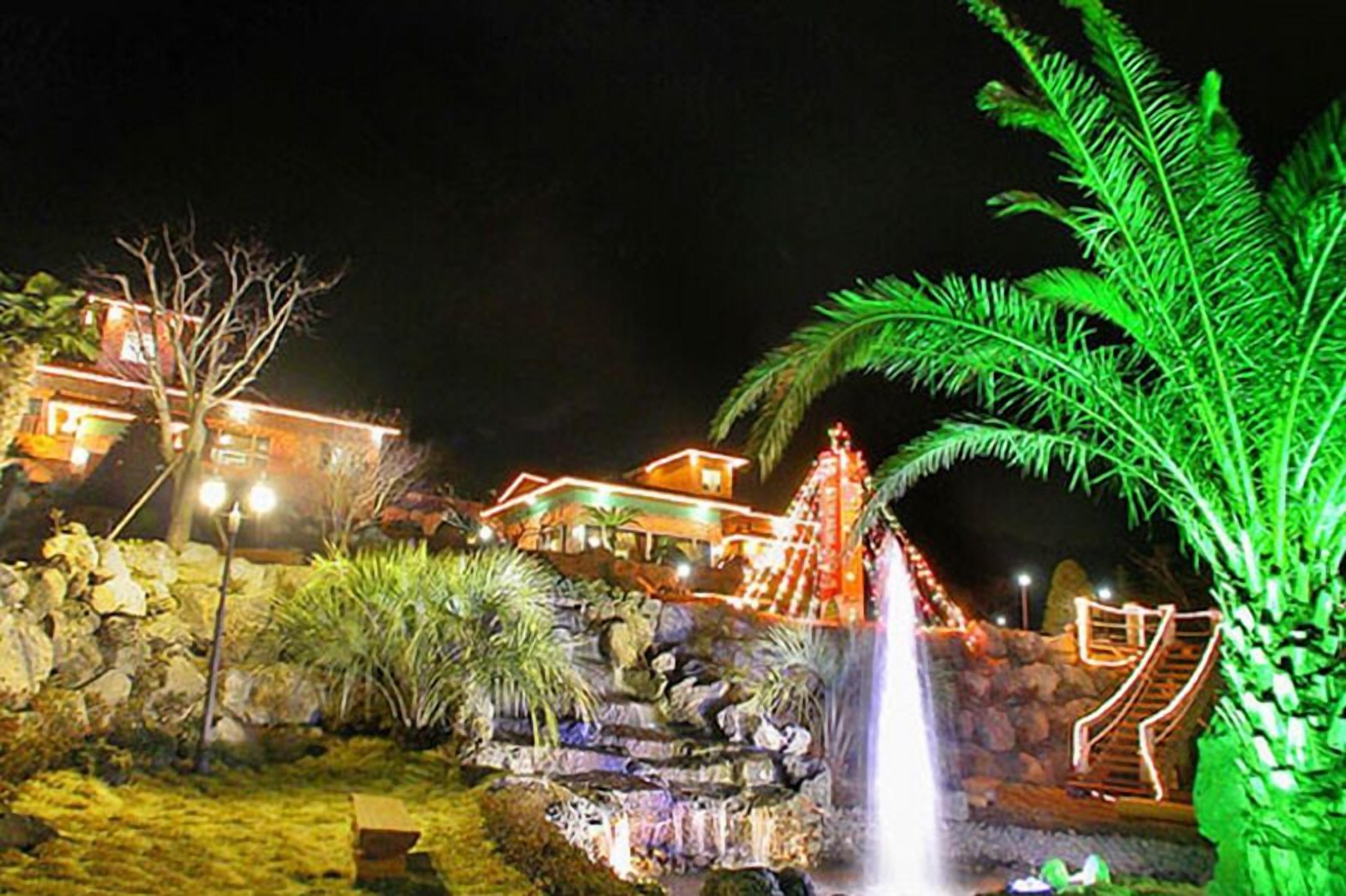 Vista noturna de um resort com uma cascata, edifícios iluminados e uma palmeira.