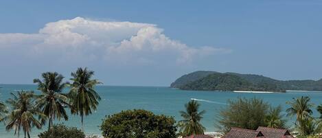 Vista costeira com palmeiras, uma praia e uma montanha ao longe.