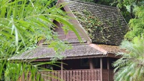 Uma casa de madeira tradicional com telhado de palha, rodeada por vegetação exuberante e palmeiras.