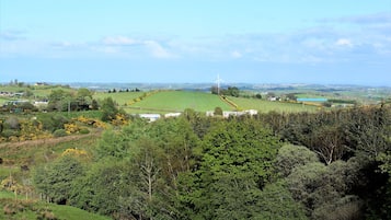 Paisagem rural com uma turbina eólica, campos verdes e edifícios dispersos.