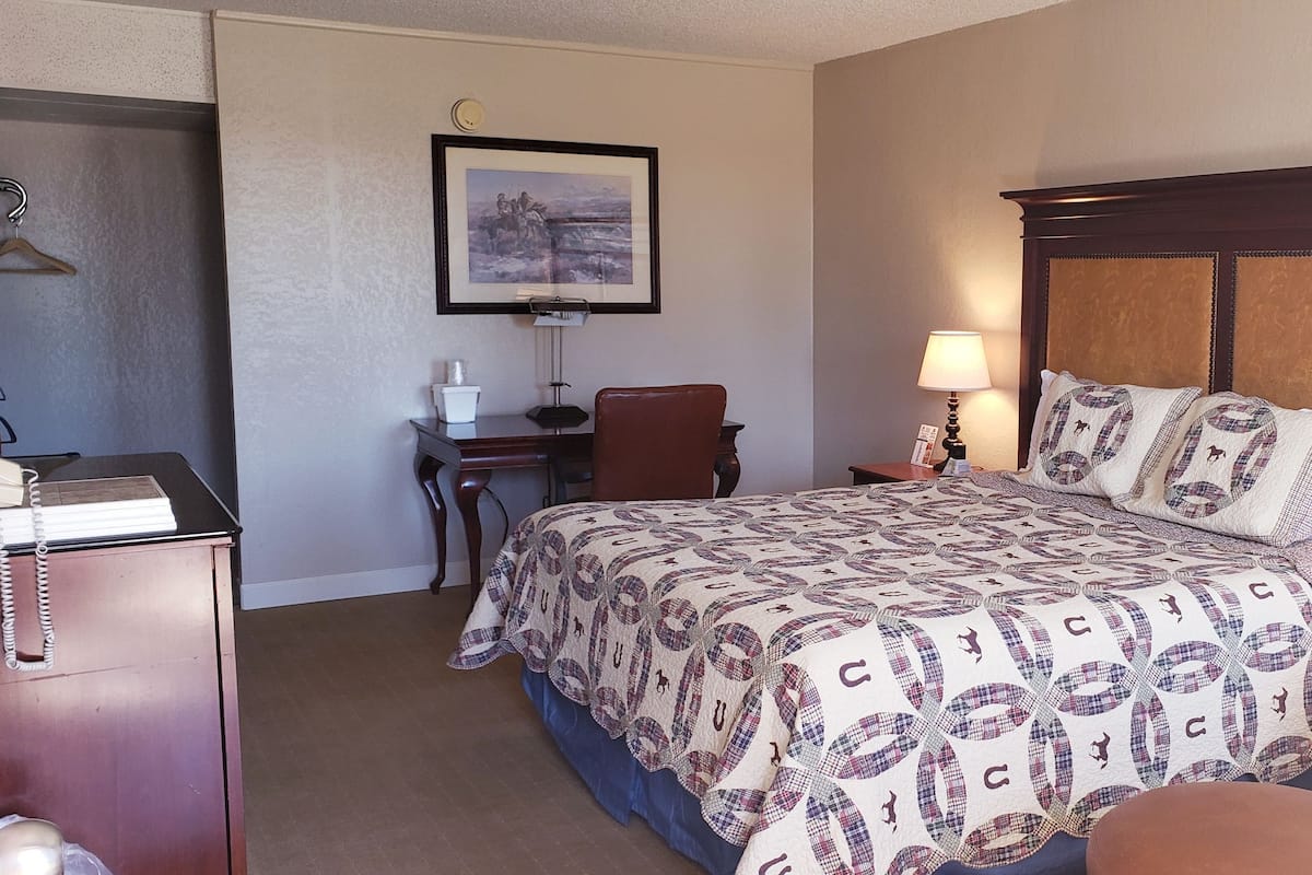 Quarto de hotel com uma cama grande, duas mesas de cabeceira com luminárias, uma escrivaninha com cadeira, um cabideiro e um quadro na parede.