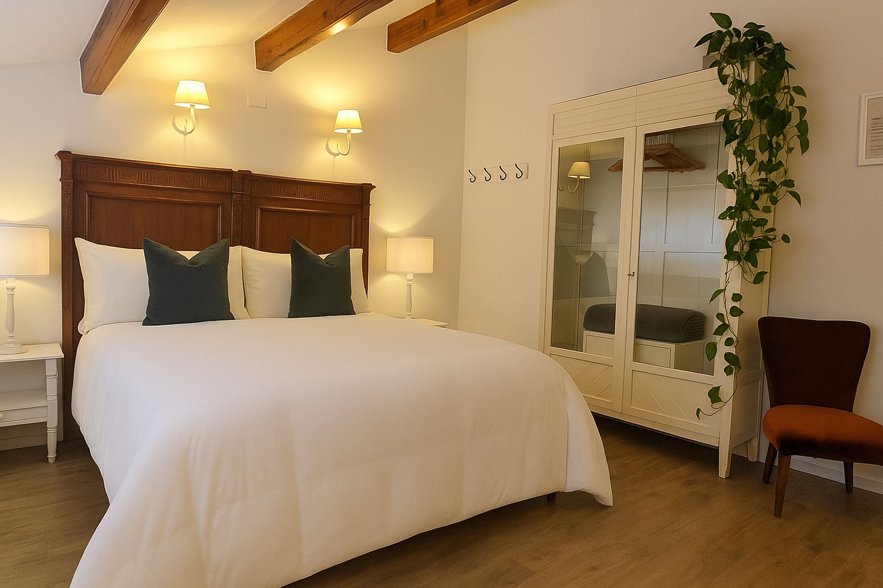 Quarto com uma cama grande, duas luminárias de cabeceira, um guarda-roupa e uma cadeira.