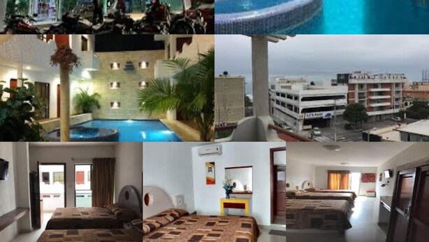 Um hotel com vários andares, piscina e vista da região.