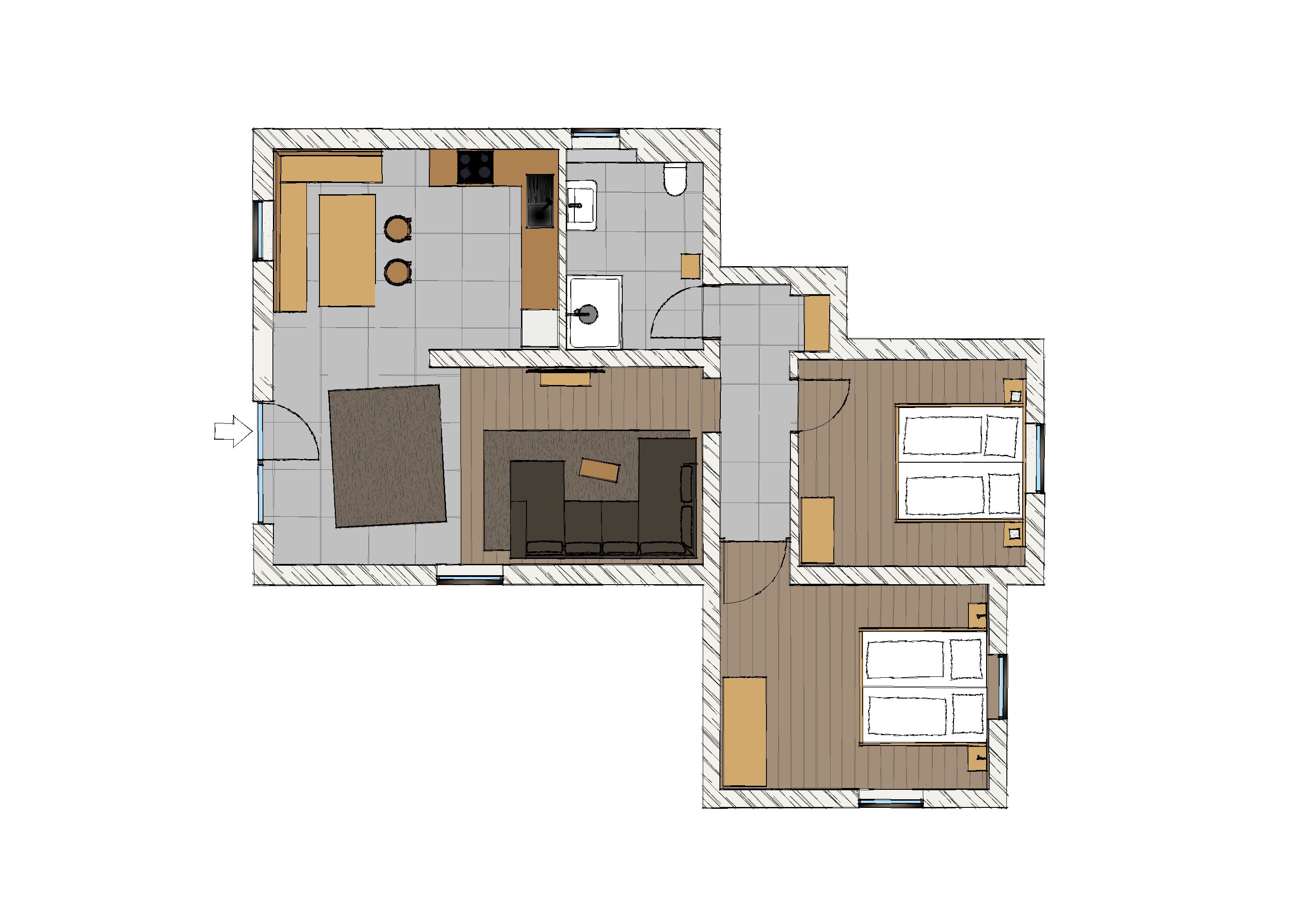 Planta baixa de um hotel com dois quartos, um banheiro, uma cozinha e uma sala de estar.