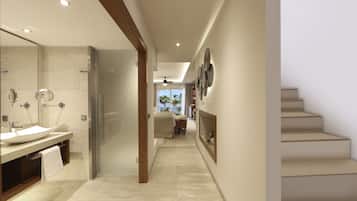Um banheiro moderno com uma pia grande, espelho e chuveiro. Um corredor leva a um quarto com cama e vista para o exterior.