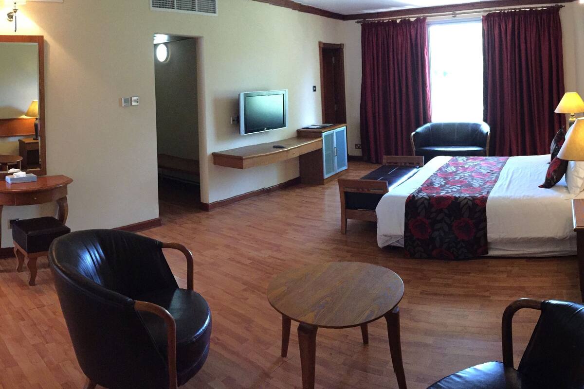 Quarto de hotel com cama, escrivaninha, cadeira, televisão e luminária.