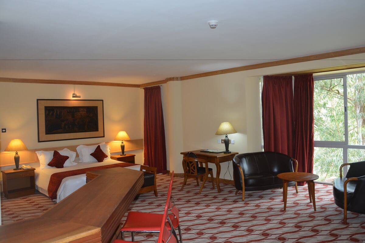 Quarto de hotel com uma cama, duas mesas de cabeceira com abajures, uma escrivaninha com cadeira, um sofá e uma janela grande com cortinas.