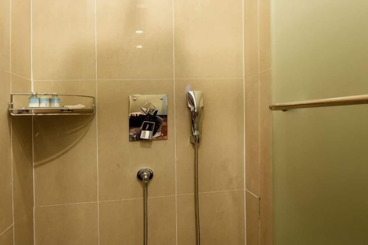 Casa de banho com chuveiro, um porta-toalhas e um saboneteira.
